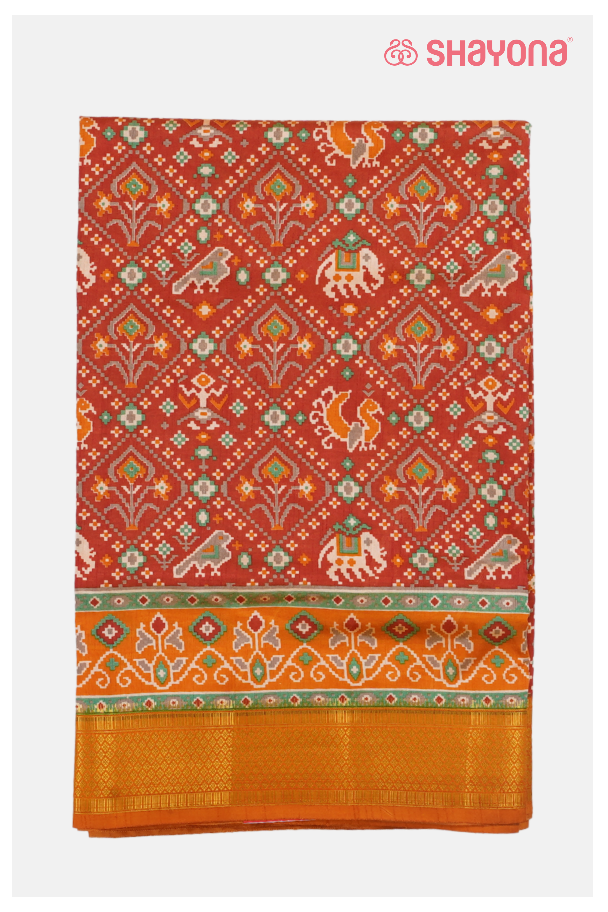 Glossy Rust Printed Patola Cotton Saree